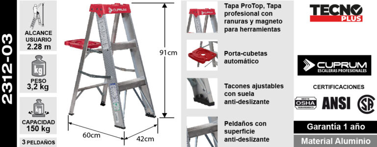 ESCALERA ALUMINIO TIJERA 3 PELDA OS 0.91 MTS 150 KG CUPRUM – TecnoPlus