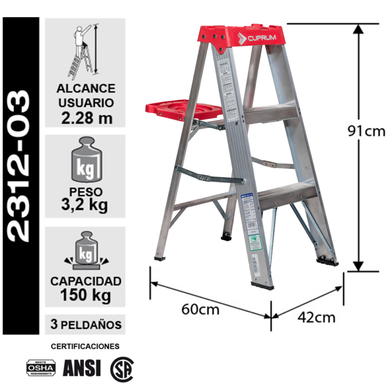 ESCALERA ALUMINIO TIJERA 3 PELDA OS 0.91 MTS 150 KG CUPRUM – TecnoPlus