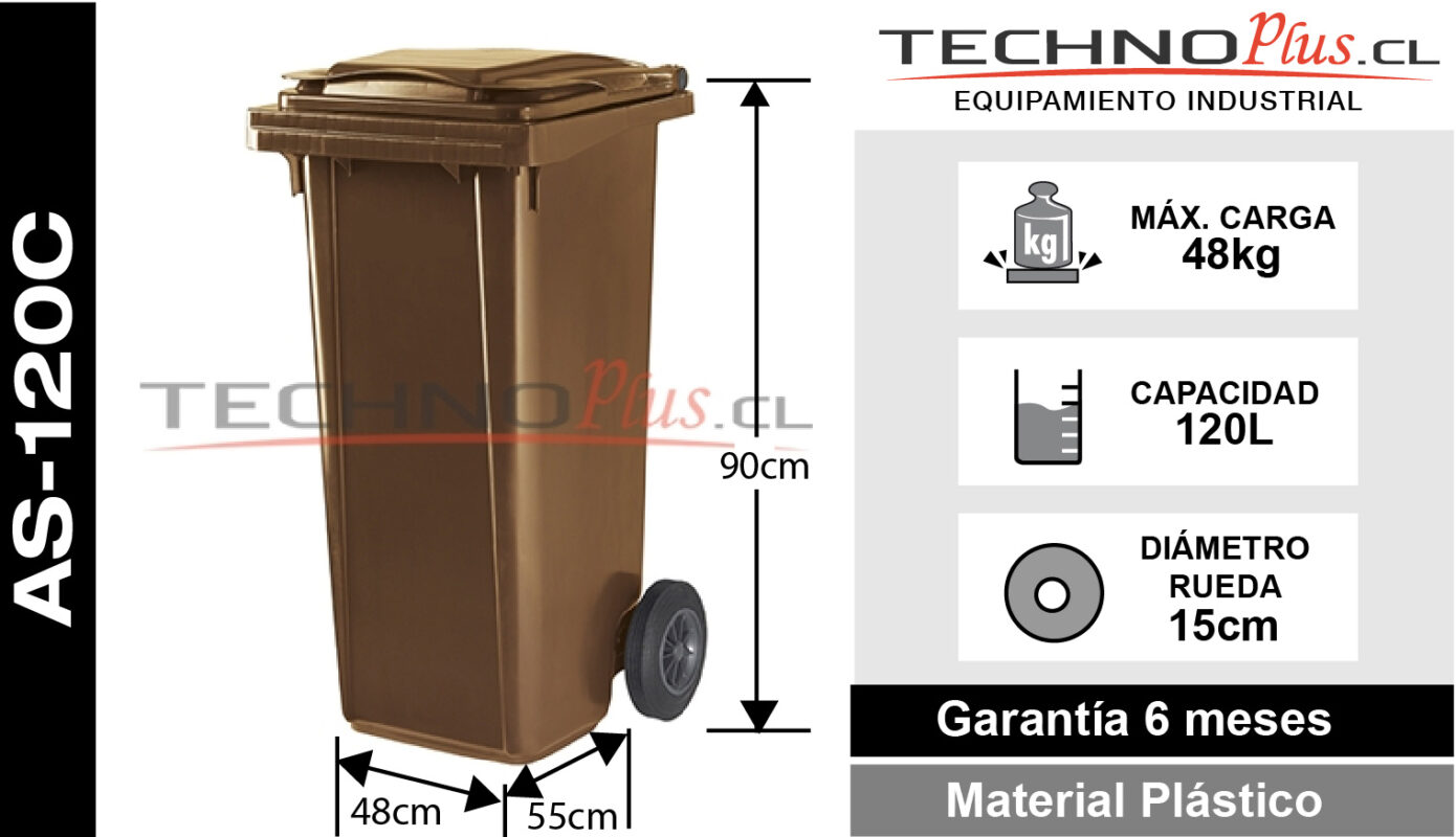 BASURERO CON TAPA Y RUEDAS 120 lts. CAFE – TecnoPlus