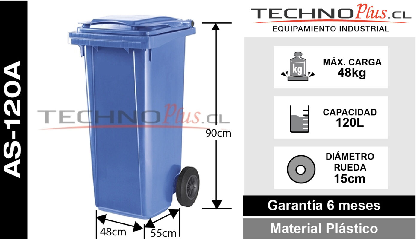 BASURERO CON TAPA Y RUEDAS 120 lts. AZUL – TecnoPlus
