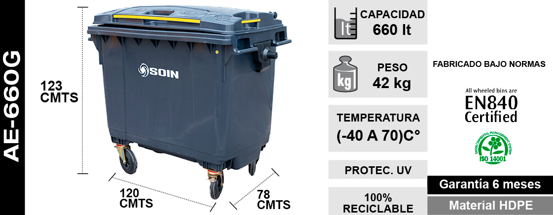 CONTENEDOR DE BASURA CON RUEDAS GRIS 660 LTS. – TecnoPlus